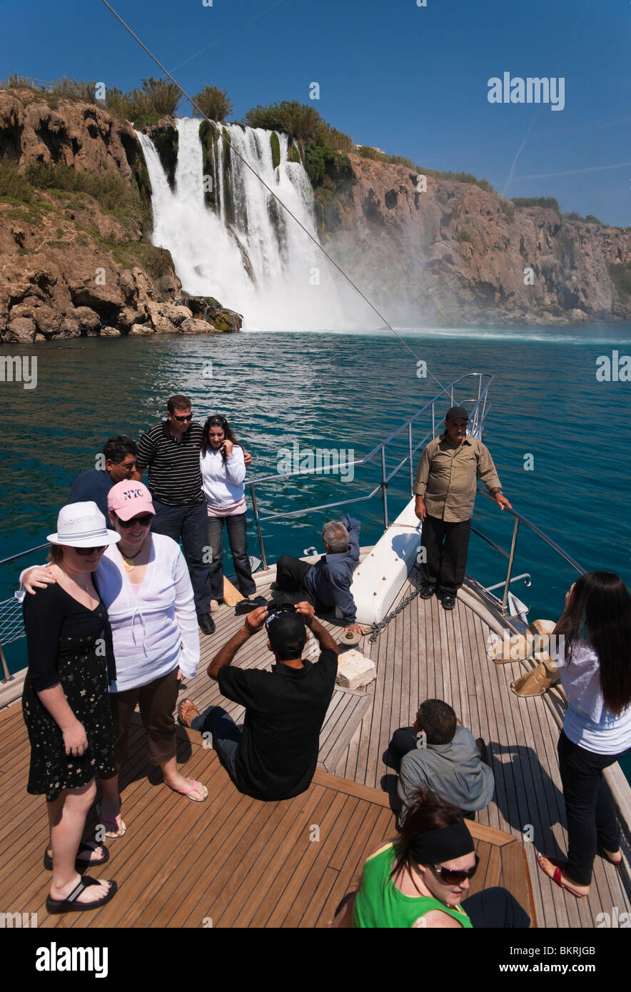 Düden lower waterfalls cascade in the sea at Antalya seen from boat ...
