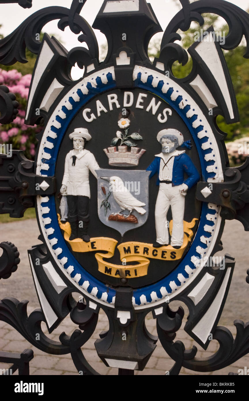 Ornate metal crest on the entrance gate of the Public Gardens, Halifax ...