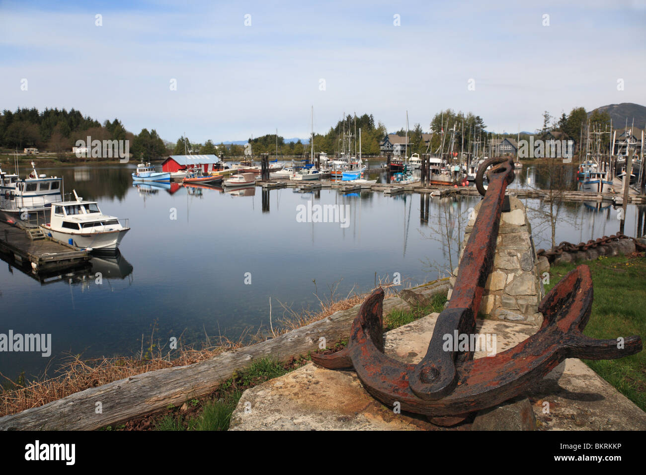Anchor from wrecked ship in park overlooking harbour, Ucluelet, British ...