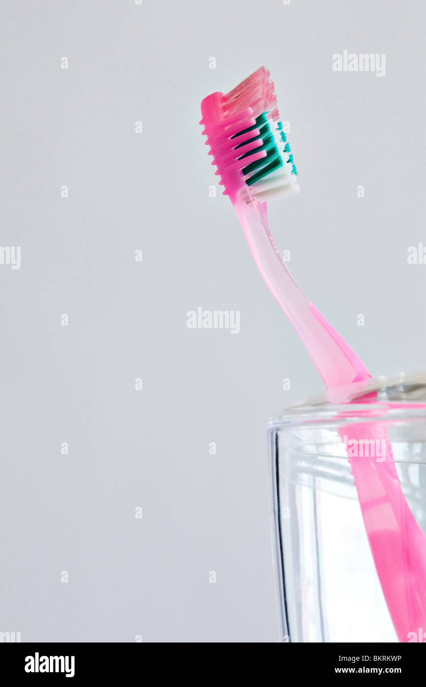 Single pink toothbrush in bathroom toothbrush holder Stock Photo - Alamy
