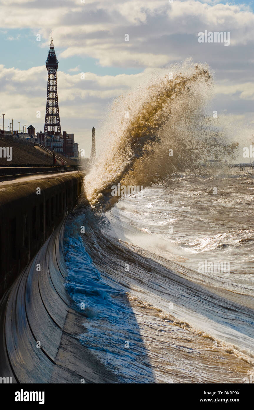 Breaking wave, Blackpool, England, with Blackpool Tower in the ...