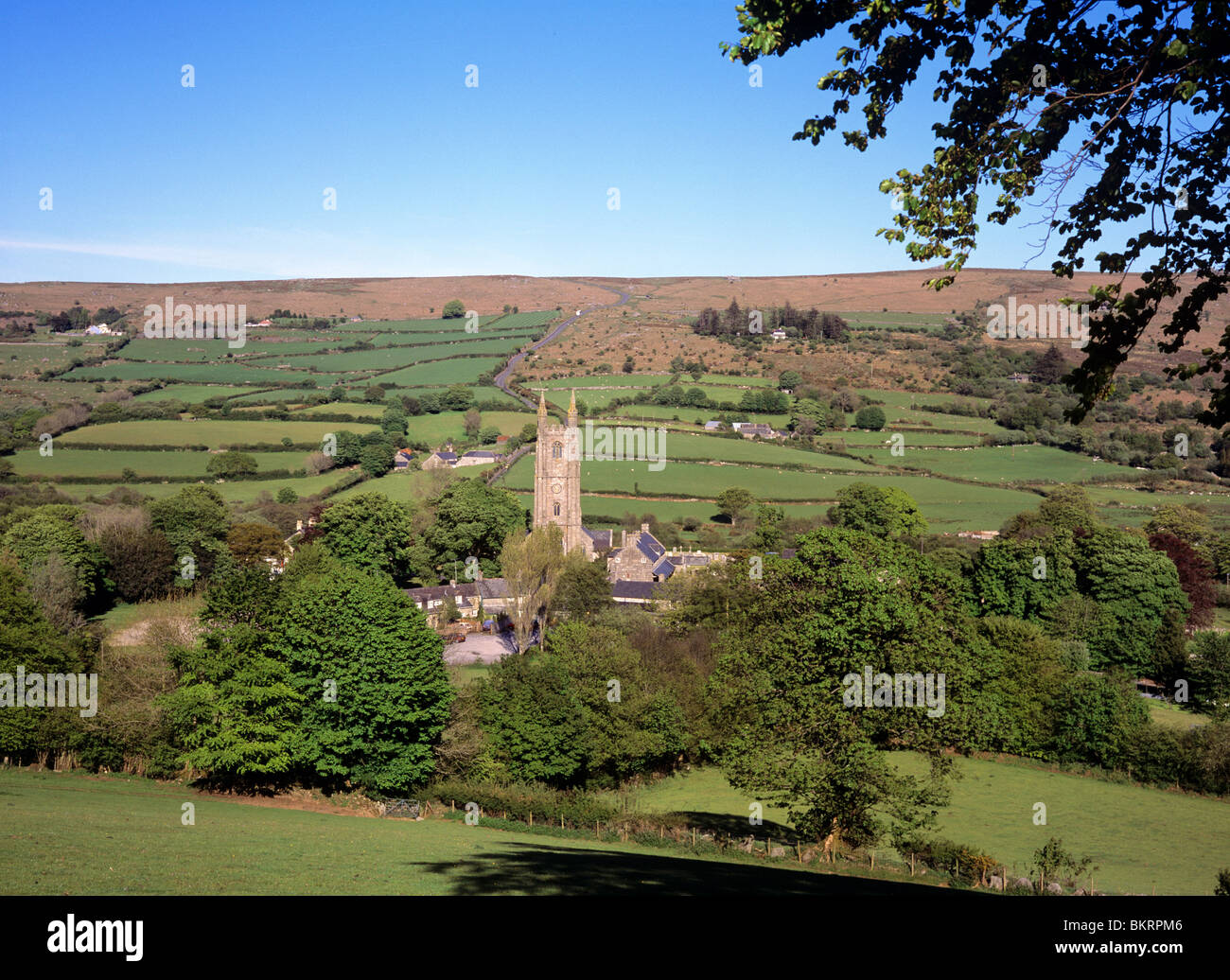 Widecombe-on-the-Moor - View over the picturesque village showing the ...