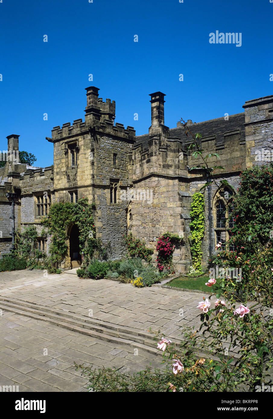 Entrance to Haddon Hall, a medieval manor house on the River Wye at ...