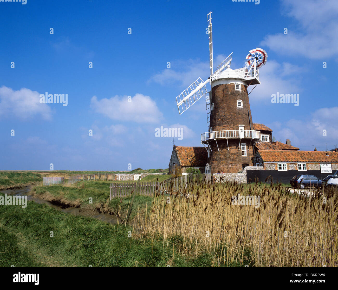 View showing the windmill at the coastal village of Cley-Next-The-Sea ...