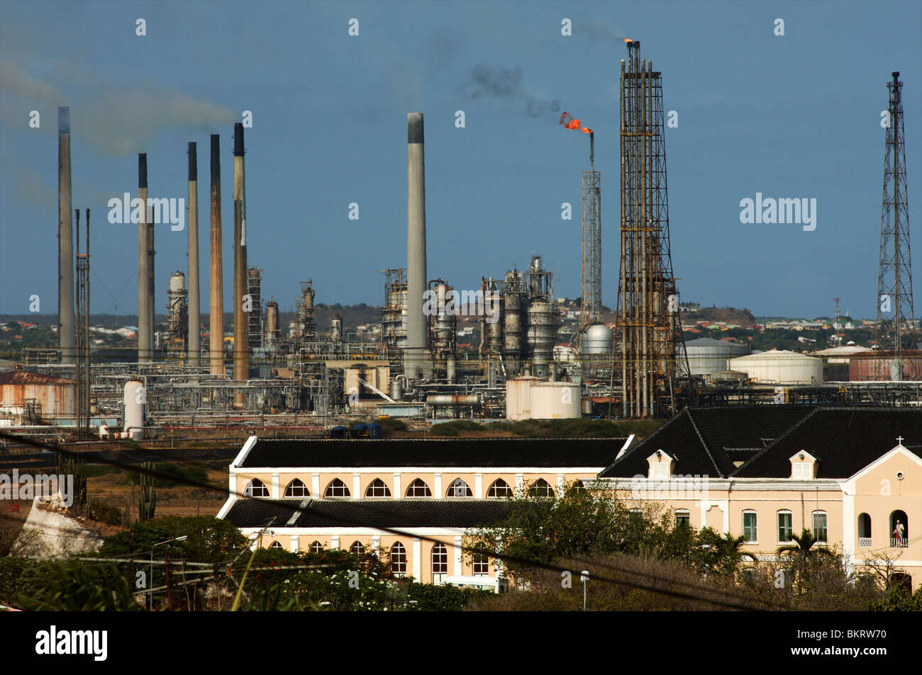 Curacao, Willemstad, the Isla oil Refinery, hospital in the foreground ...