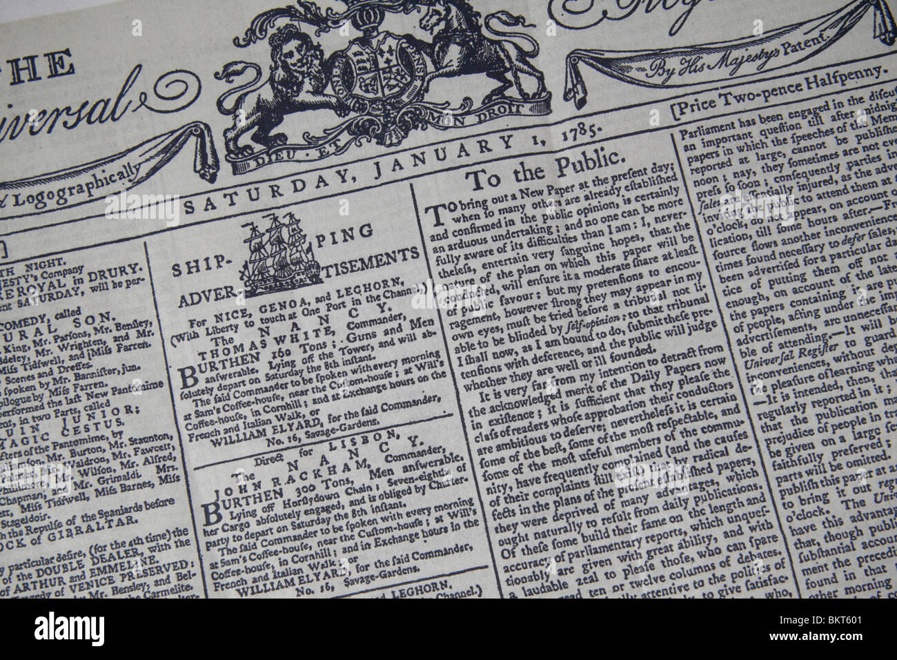 Close up a a reproduction of the first edition of The Times Newspaper ...
