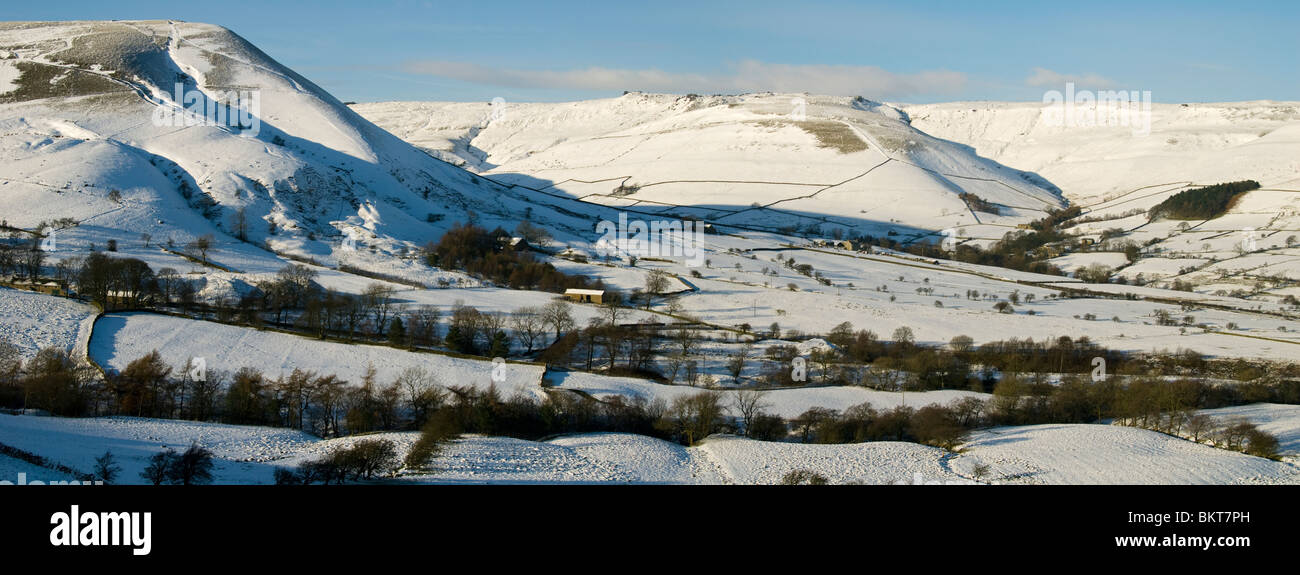 Panorama of the Kinder Scout plateau and the head of Edale in winter ...