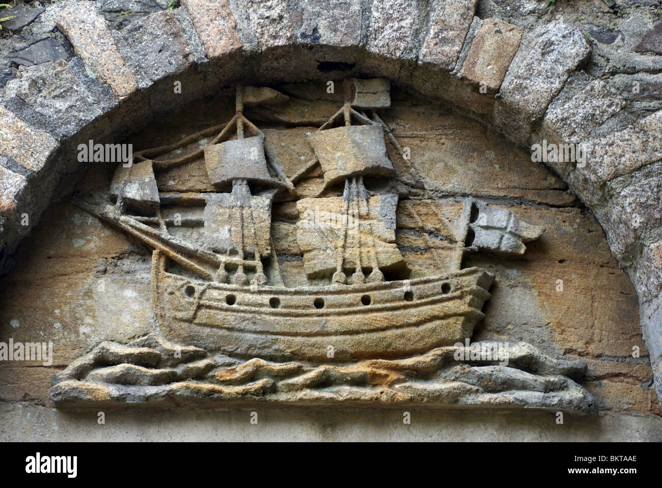 Old stone carving of ship, Barbican, Plymouth, Devon, UK Stock Photo ...