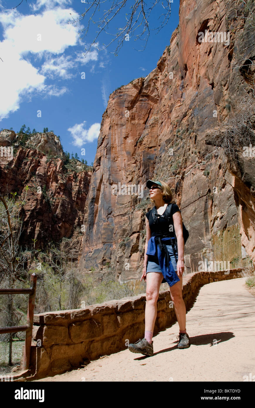 Female hiker walker on Riverside Walk alongside Virgin River Zion ...
