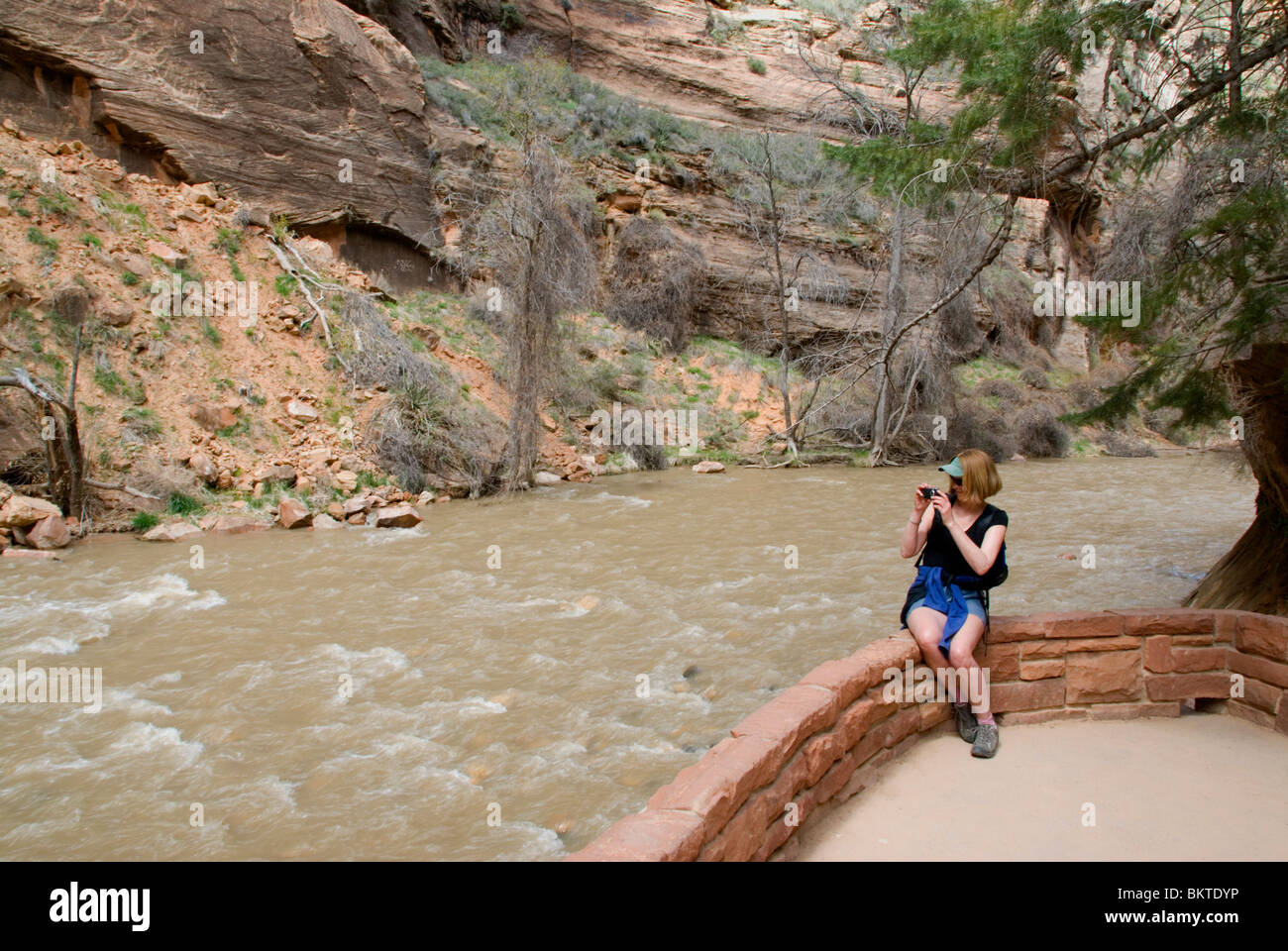 Female hiker walker on Riverside Walk alongside Virgin River Zion ...