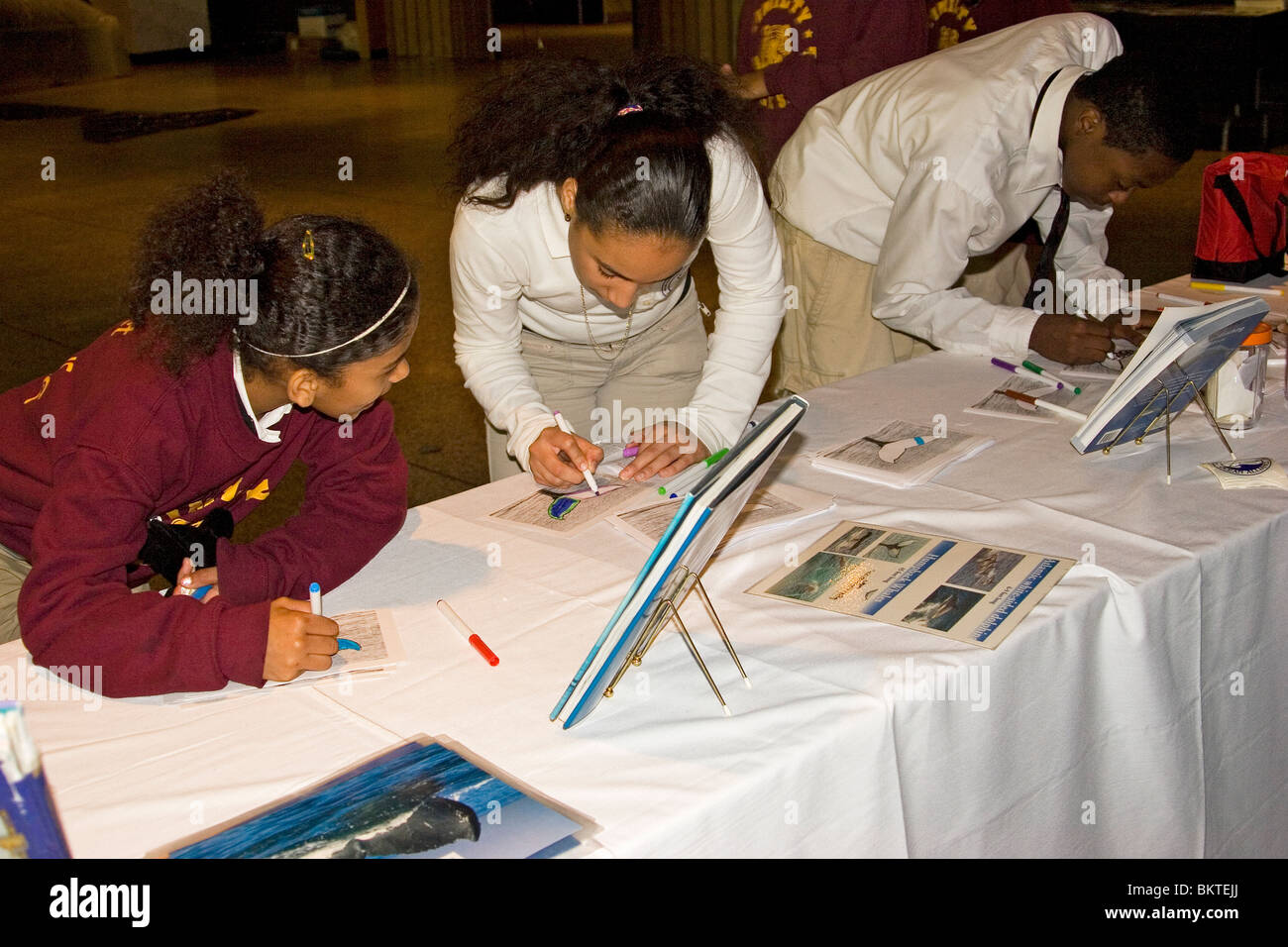 Three students participate in educational activity, coloring whale ...