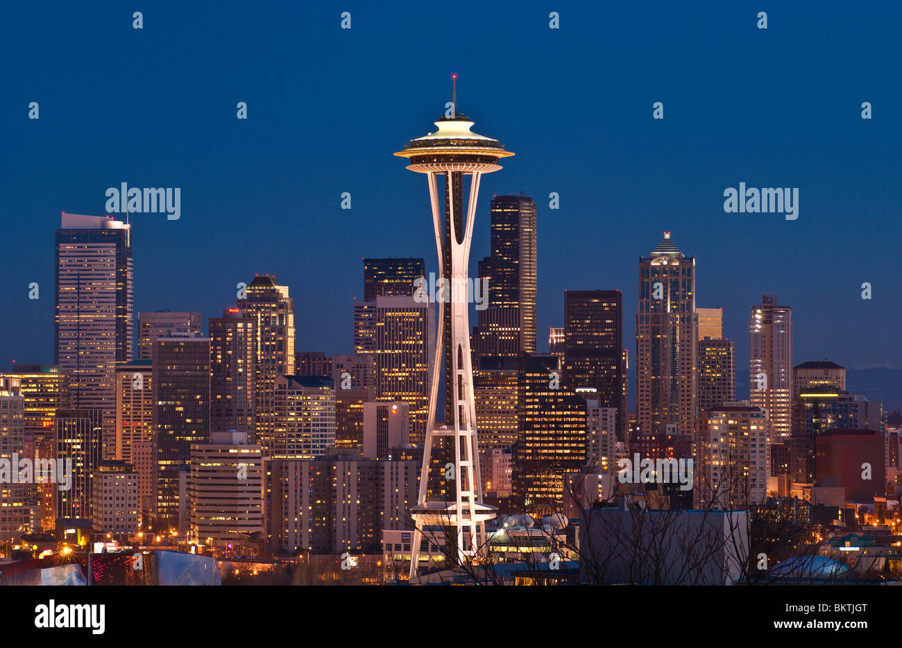 The Space Needle and downtown office buildings at twilight from Kerry ...