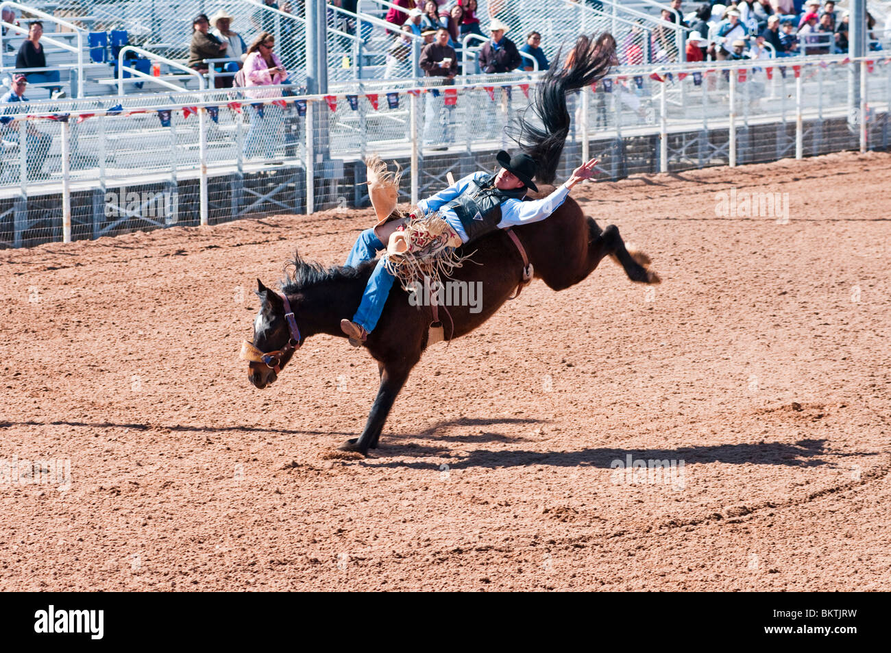 a cowboy competes in the saddle bronc riding event during the O'Odham ...