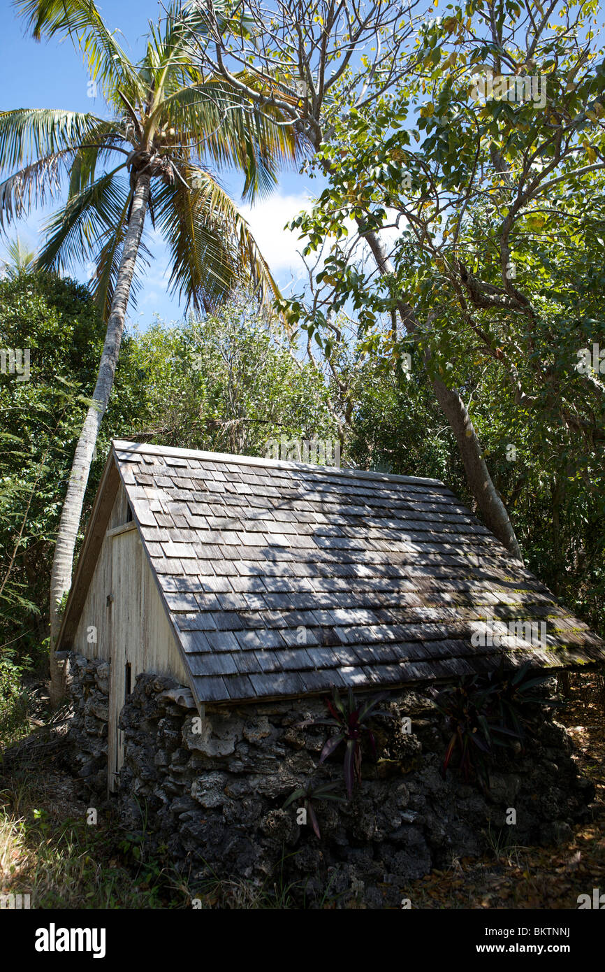 An old, run down wooden shed built in the jungle on Man O War Cay in ...