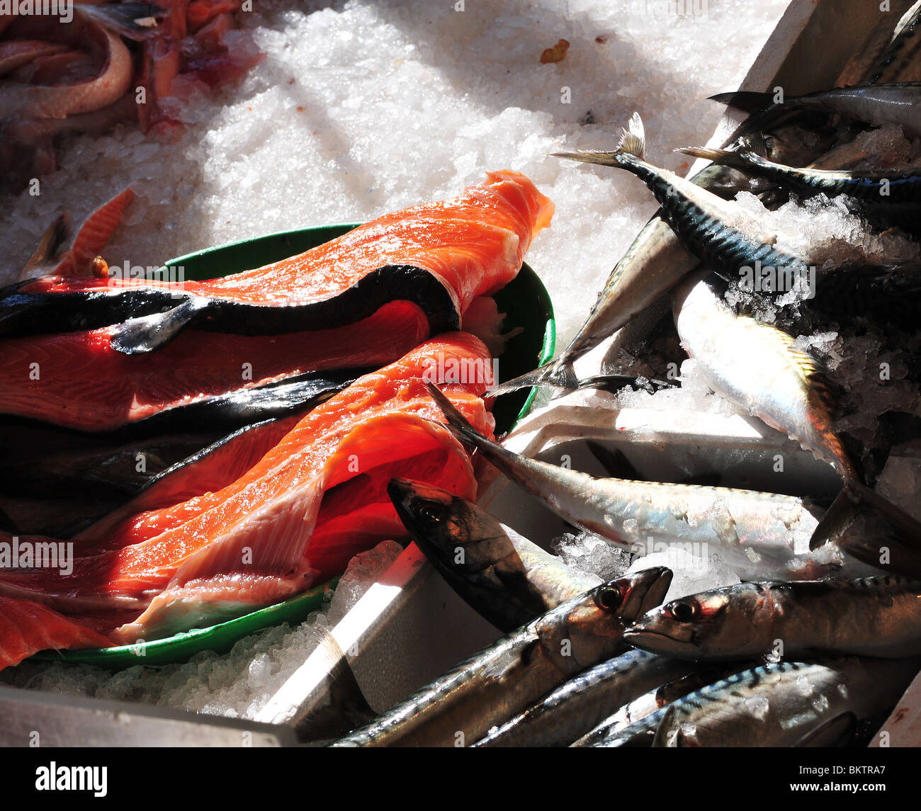 salmon on display at market fish, Paris Stock Photo - Alamy