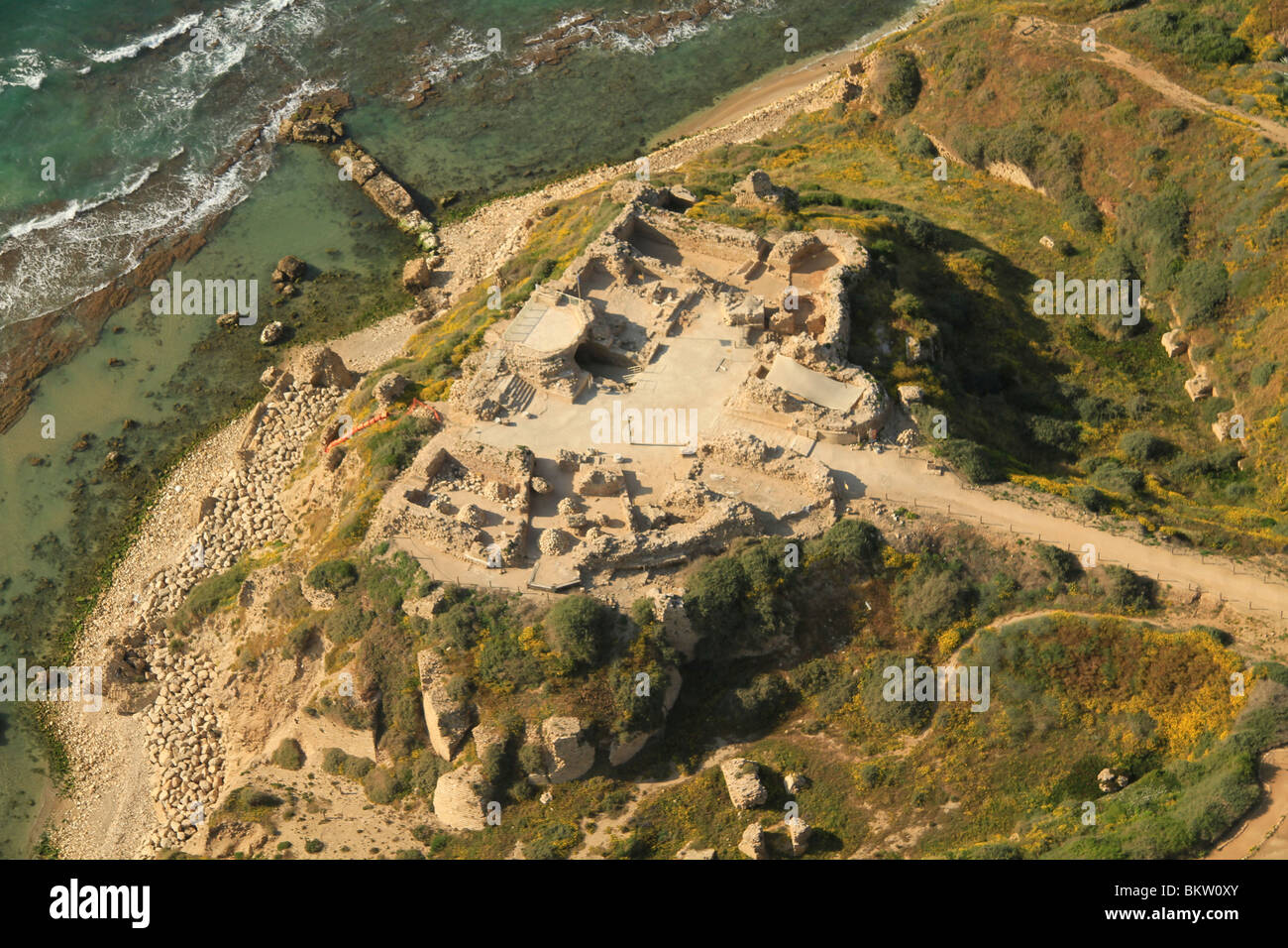 Israel, Sharon region, ruins of the Crusader fortress Arsur at ...