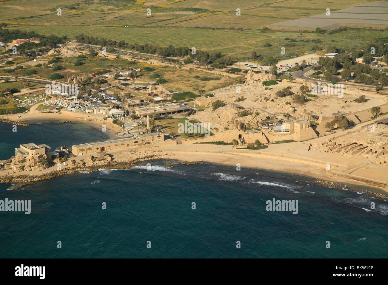 Israel, Sharon region, an aerial view of Caesarea Maritama Stock Photo ...