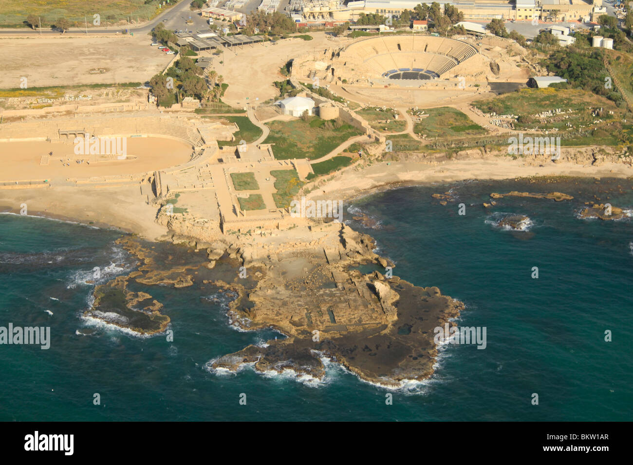Israel, Sharon region, an aerial view of Caesarea Maritama Stock Photo ...