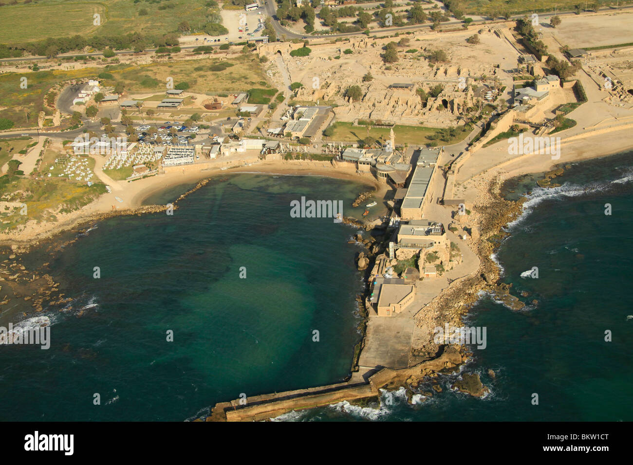 Israel, Sharon region, an aerial view of Caesarea Maritama Stock Photo ...