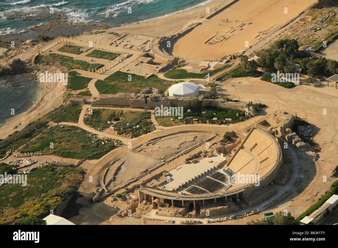 Israel, Sharon region, an aerial view of Caesarea Maritama Stock Photo ...