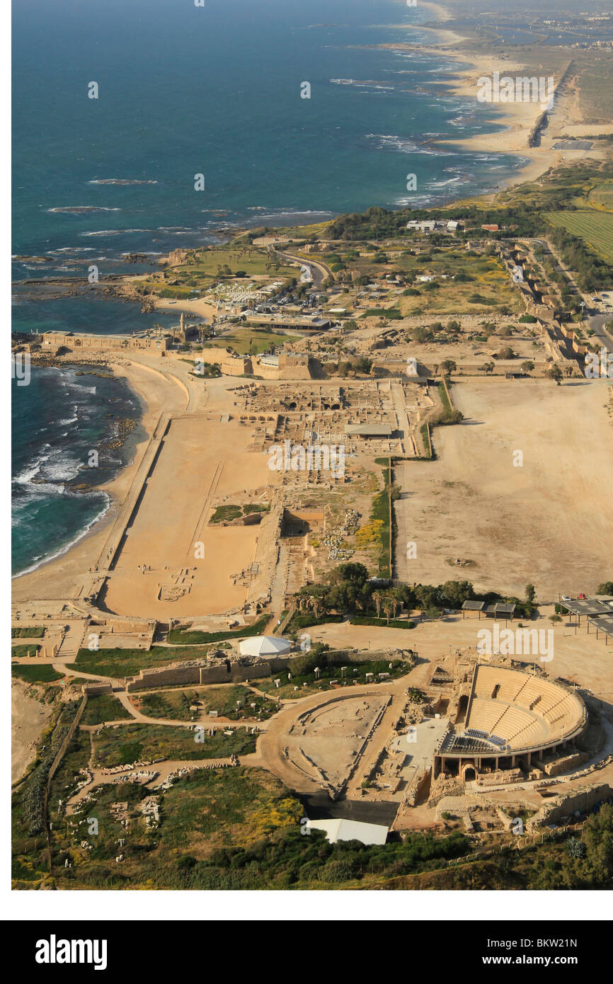 Israel, Sharon region, an aerial view of Caesarea Maritama Stock Photo ...