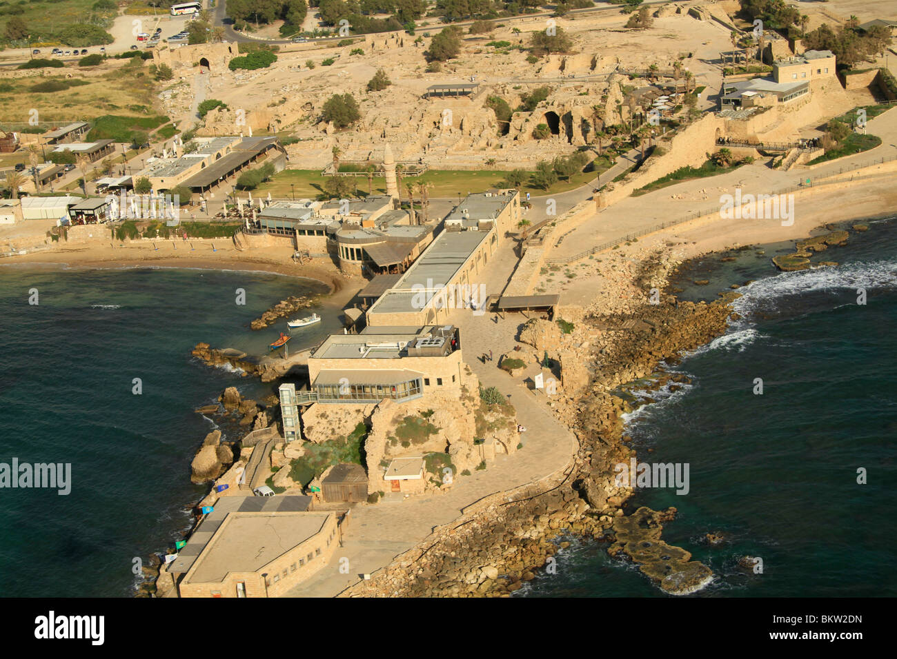 Israel, Sharon region, an aerial view of Caesarea Maritama Stock Photo ...