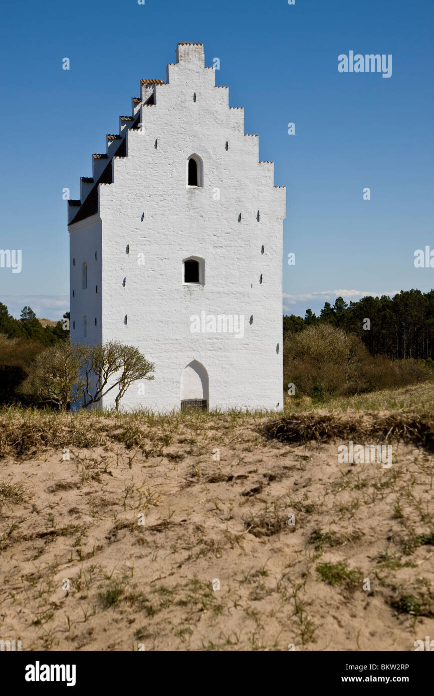 The sand covered church at Skagen dune plantation Stock Photo - Alamy