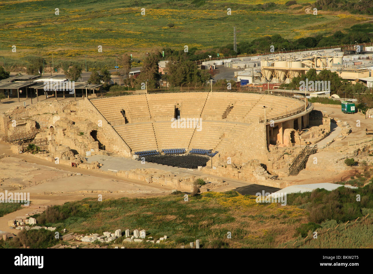Israel, Sharon region, an aerial view of the Roman theater in Caesarea ...