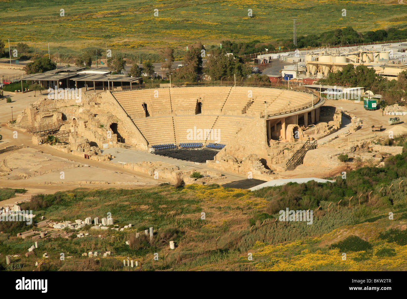 Israel, Sharon region, an aerial view of the Roman theater in Caesarea ...