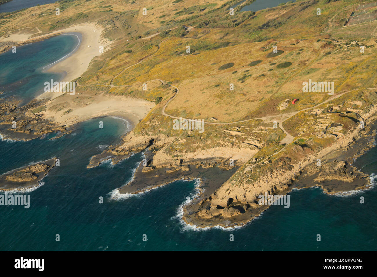 Israel, Carmel Coast, an aerial view of Tel Dor, site of biblical Dor ...