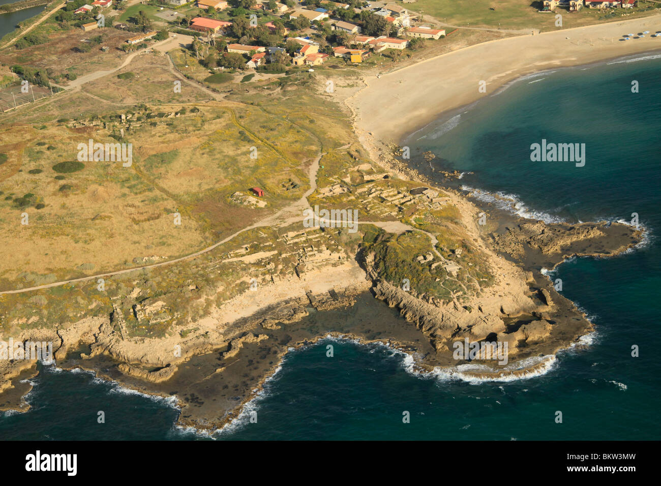 Israel, Carmel Coast, an aerial view of Tel Dor, site of biblical Dor ...