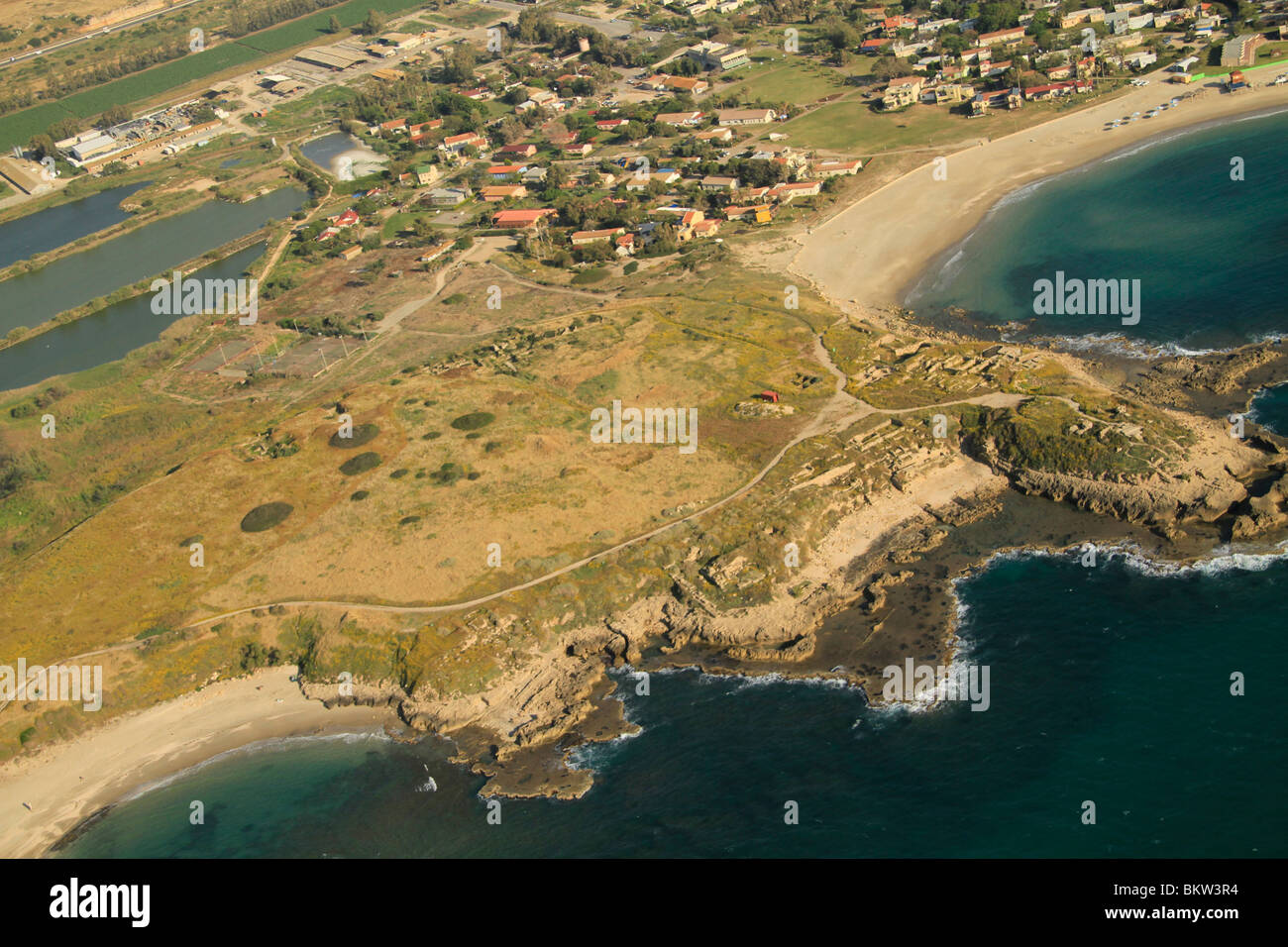 Israel, Carmel Coast, an aerial view of Tel Dor, site of biblical Dor ...