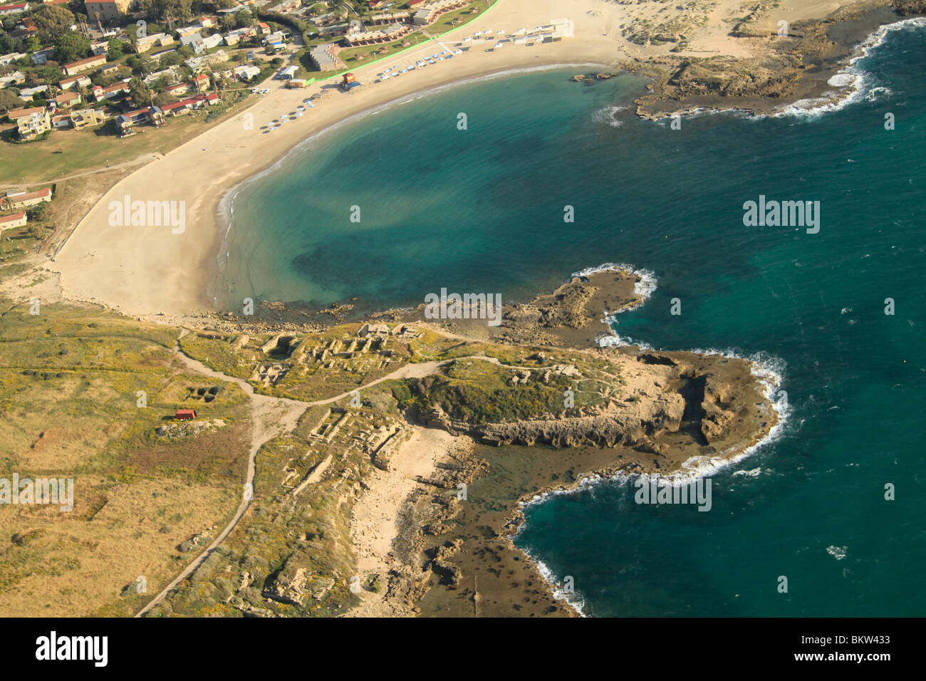 Israel, Carmel Coast, an aerial view of Tel Dor, site of biblical Dor ...
