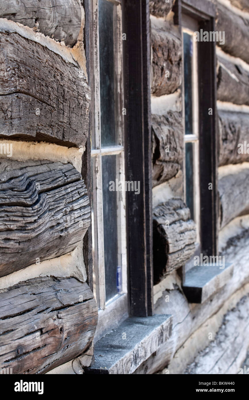 View of American rural wooden wall glass windows old cabin in USA ...