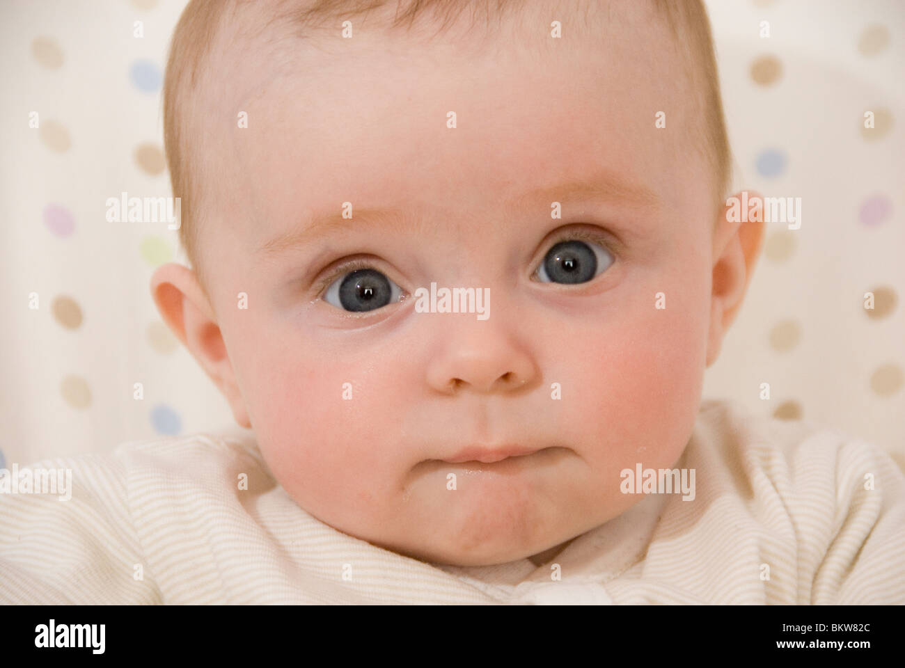 Close Up on Cute Face and Wide Eyes of Baby Girl on Spotted Background ...