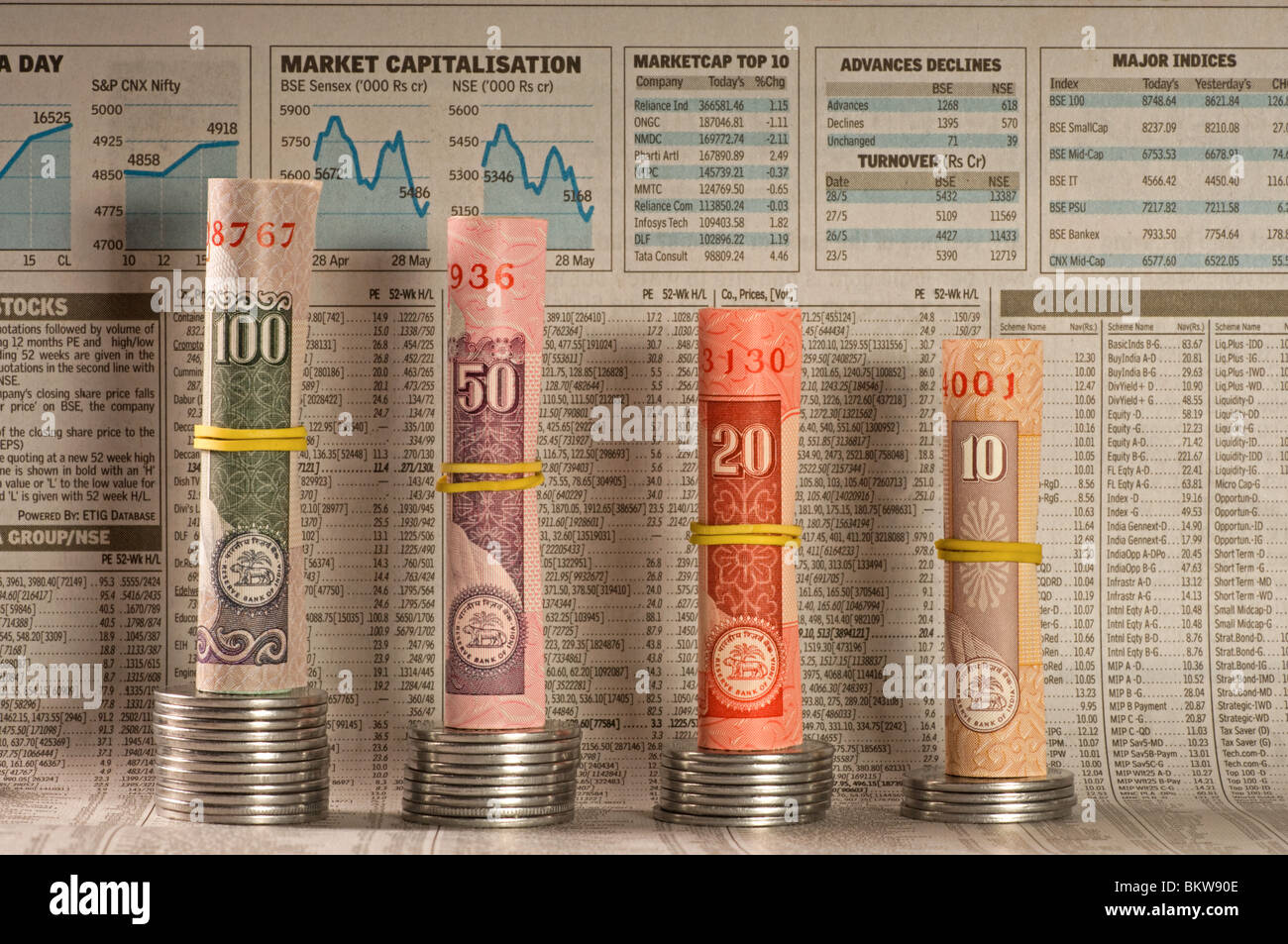 Different bank notes and coins of Indian rupee currency rolled and ...