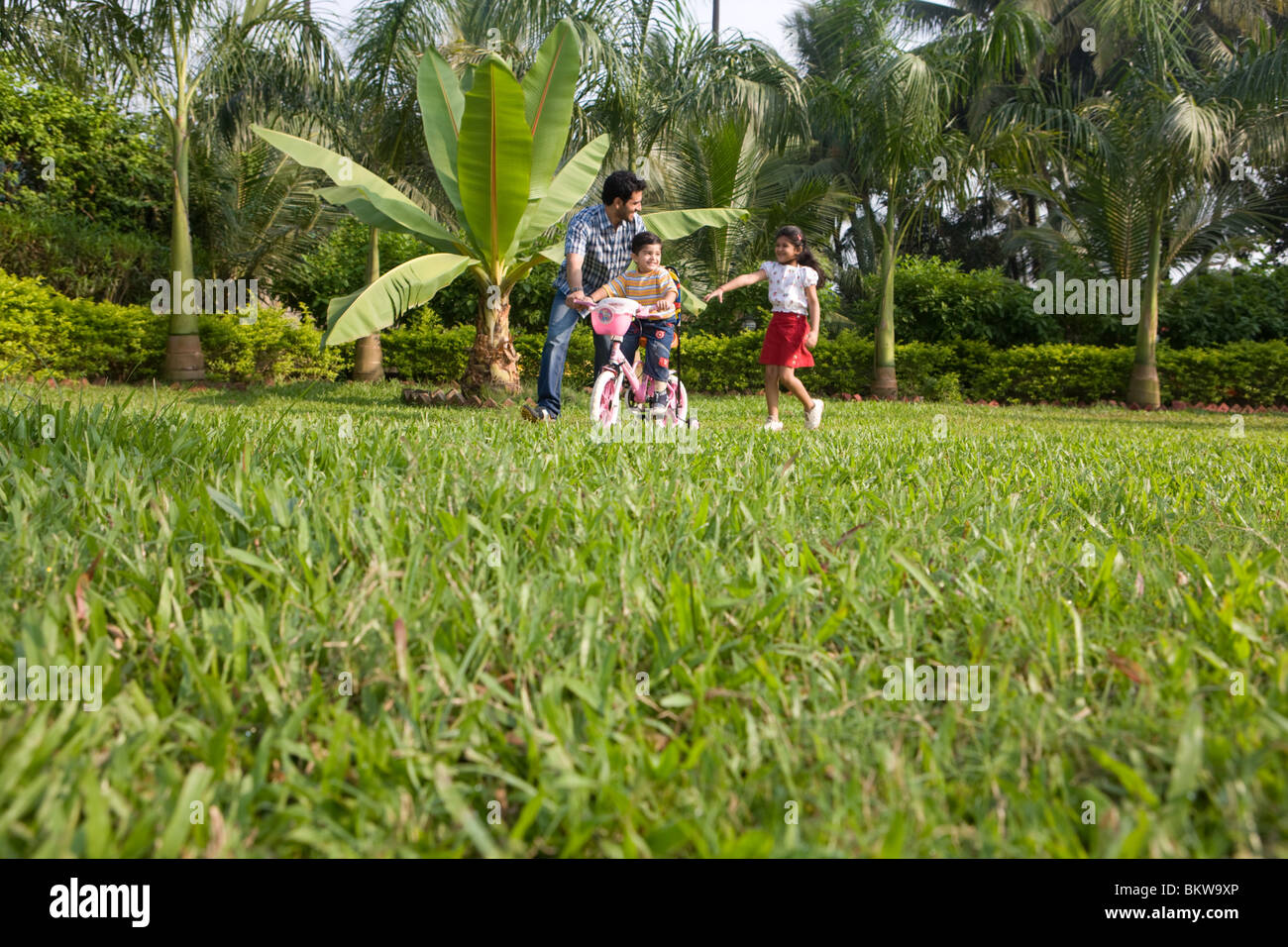 Son learning bicycle with her father, daughter chasing Stock Photo - Alamy