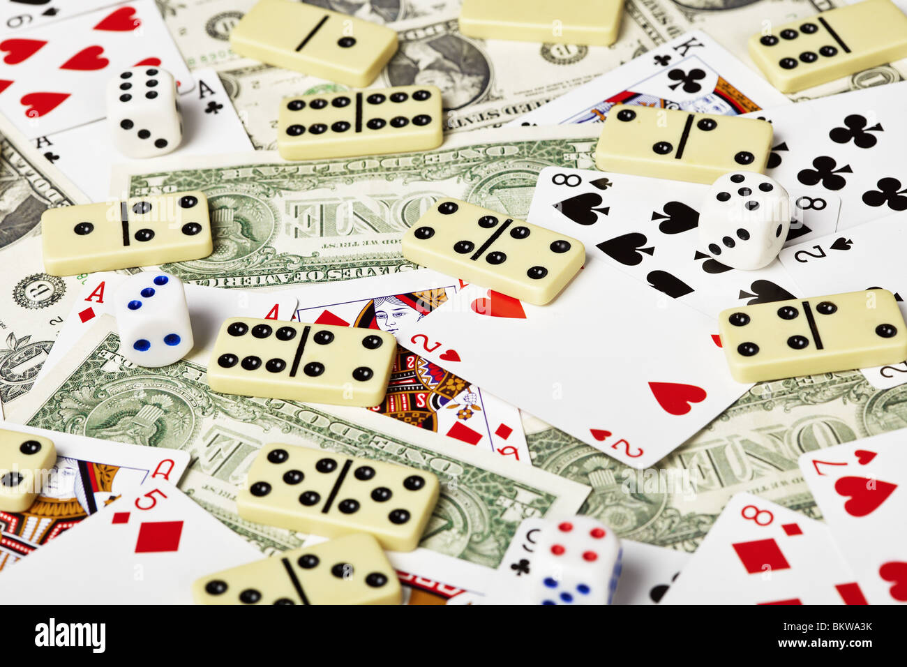 Playing cards, money, dominoes and dices Stock Photo - Alamy