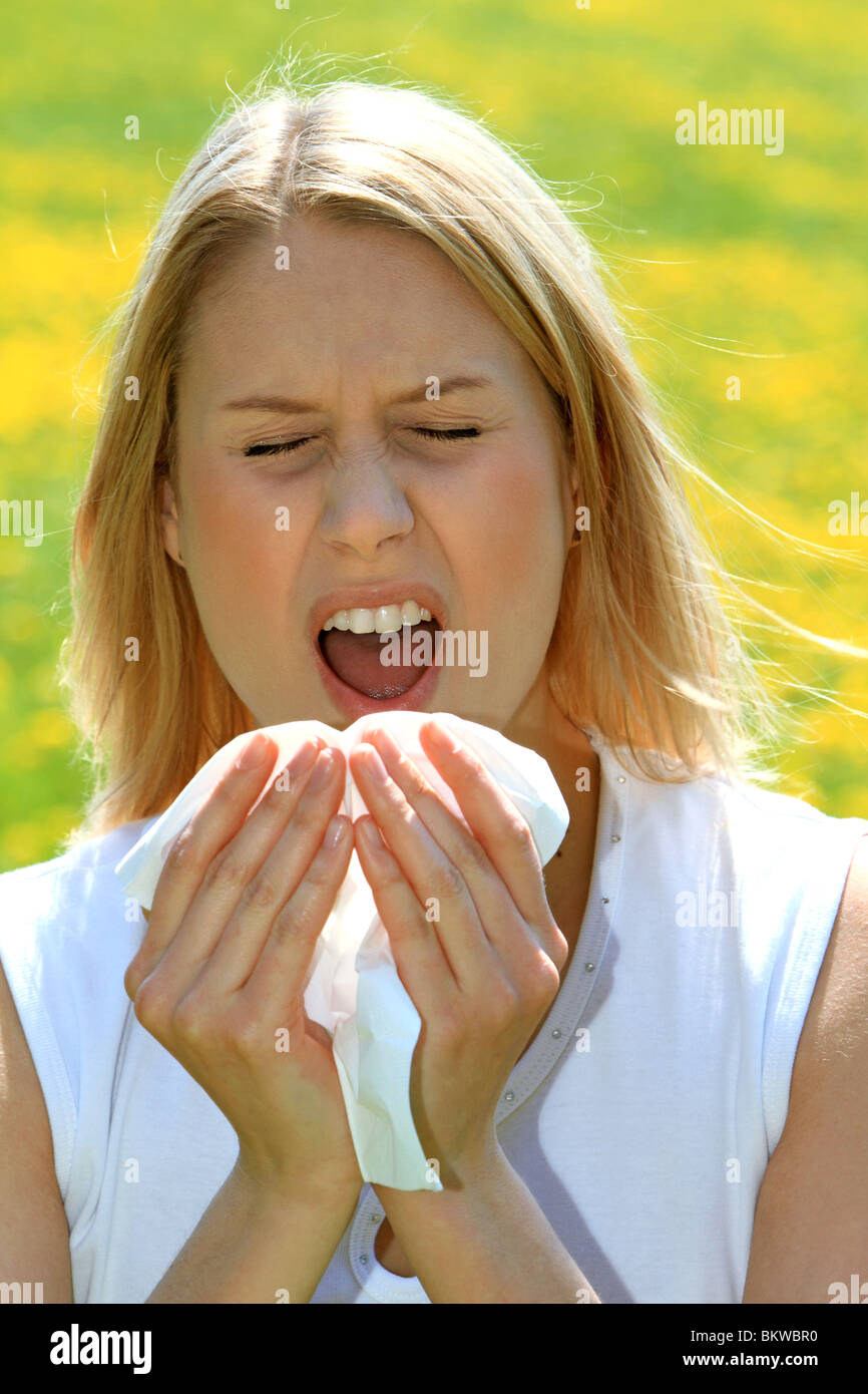 Women with pollen allergy in a Spring Meadow Stock Photo - Alamy