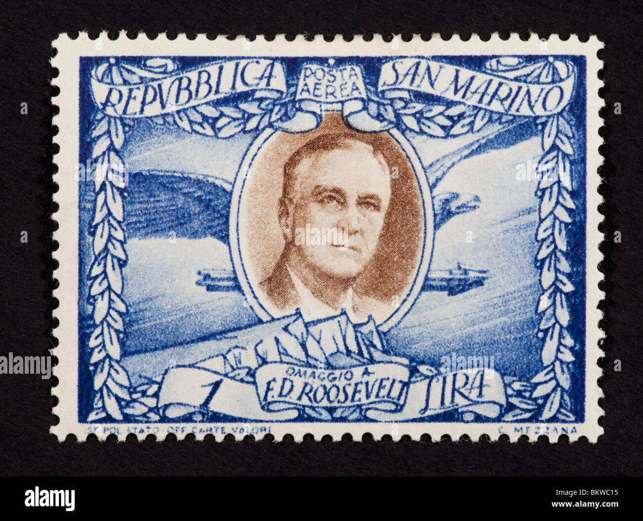 Postage stamp from San Marino depicting Franklin Delano Roosevelt Stock ...