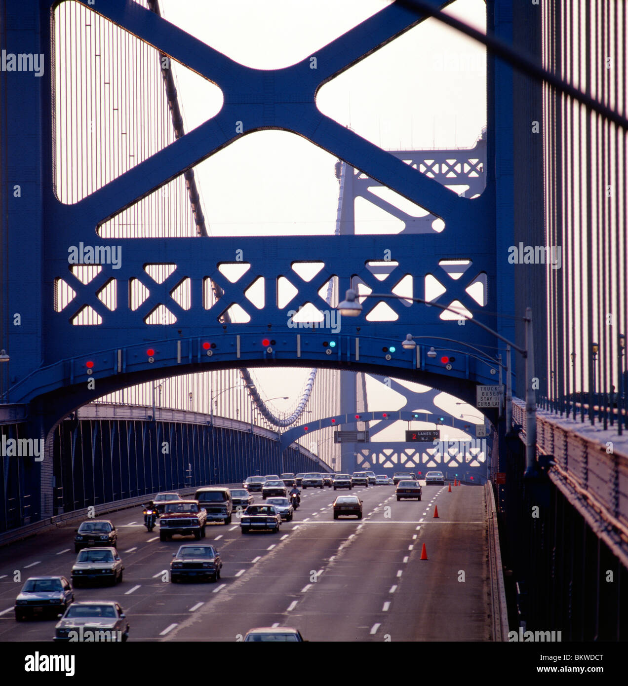 Benjamin Franklin Bridge at dawn over the Delaware River between ...