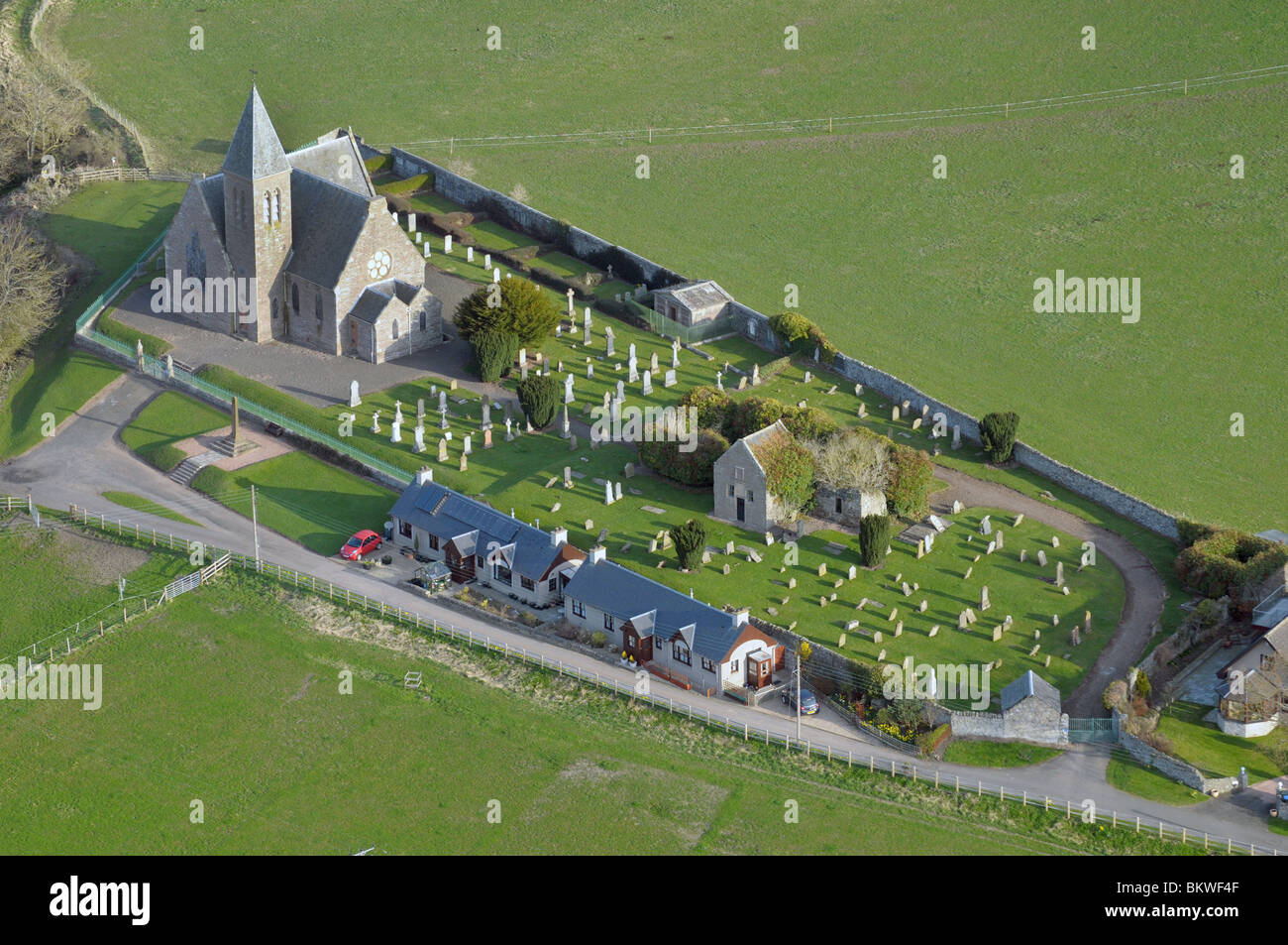 An aerial view of a rural Church and Churchyard in Scotland Stock Photo ...