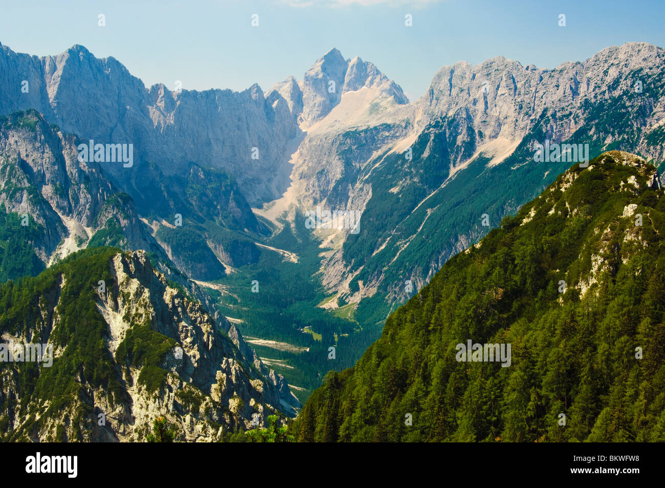 View of the Planica valley in the western Julian Alps, Slovenia. The ...