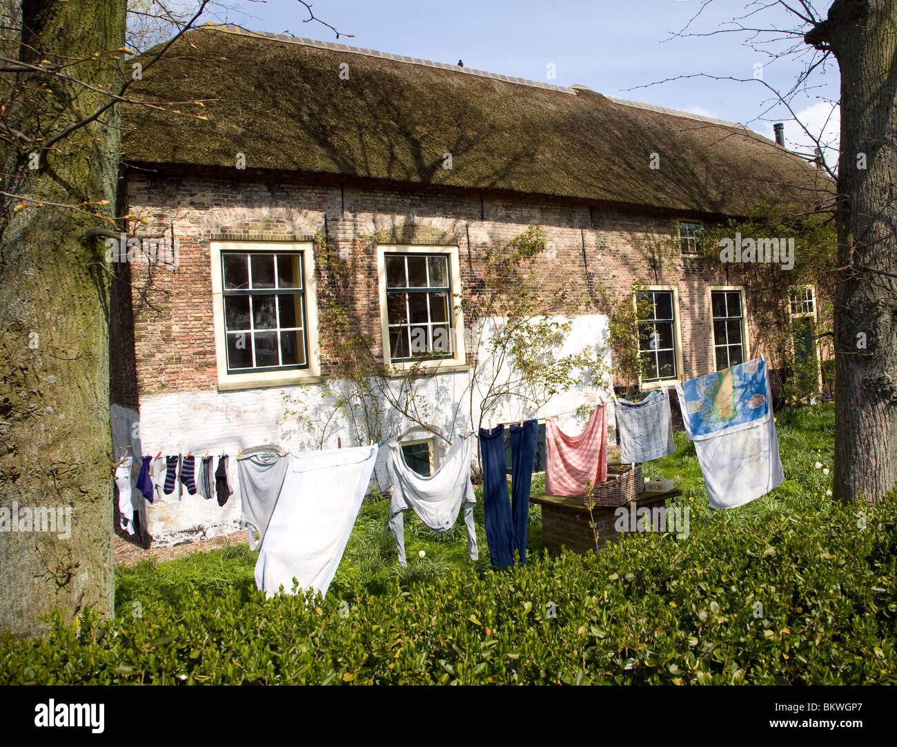 Traditional thatched farmhouse with clothes on washing line, Westgaag ...