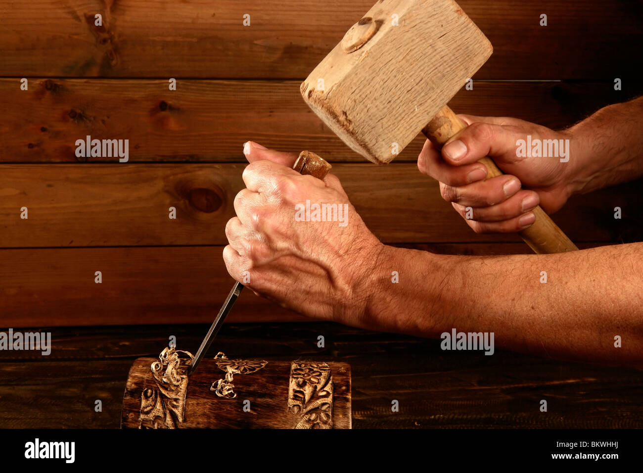 gouge wood chisel carpenter tool hand hammer craftman Stock Photo - Alamy