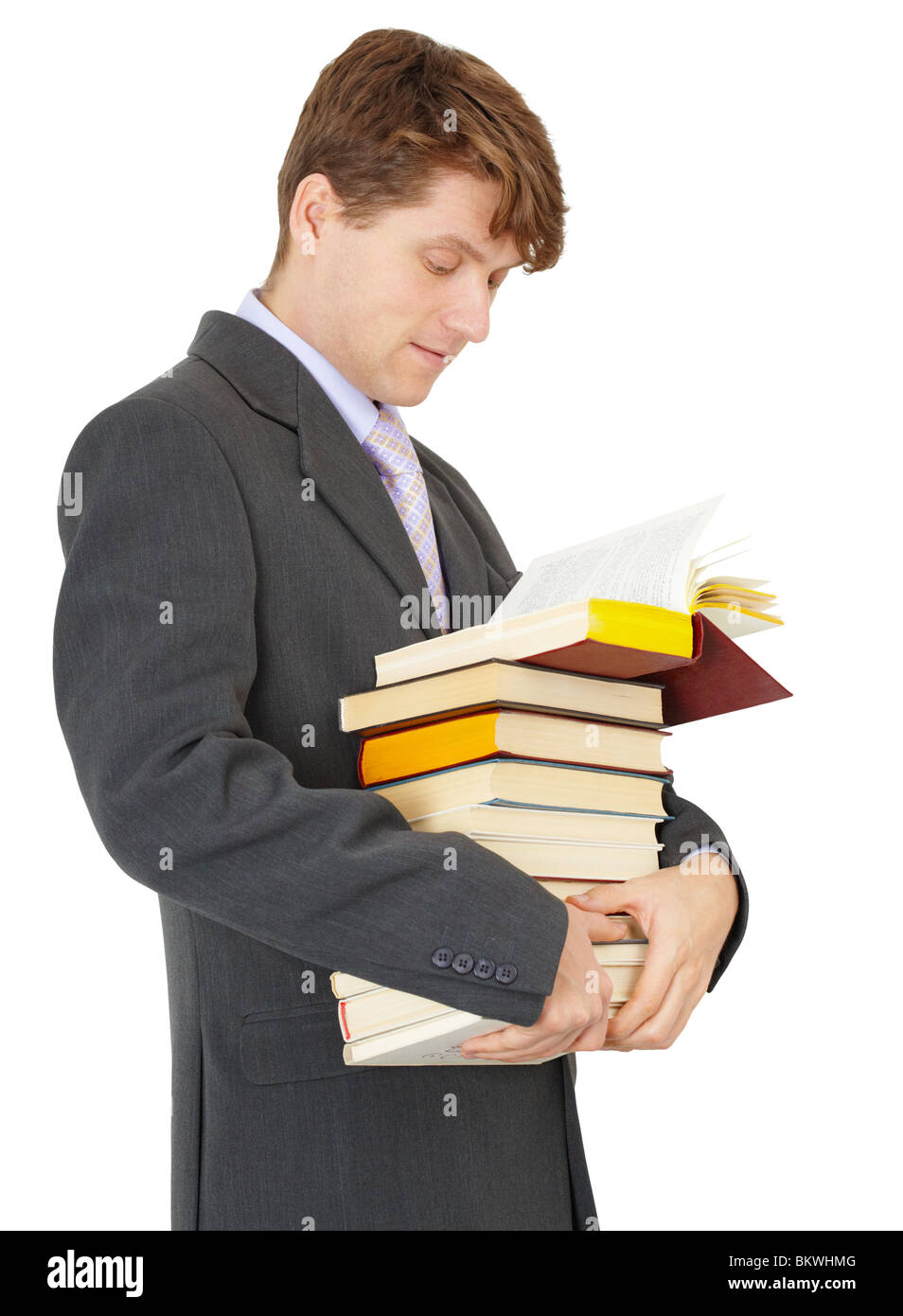 A student with a bunch of books on white background Stock Photo - Alamy