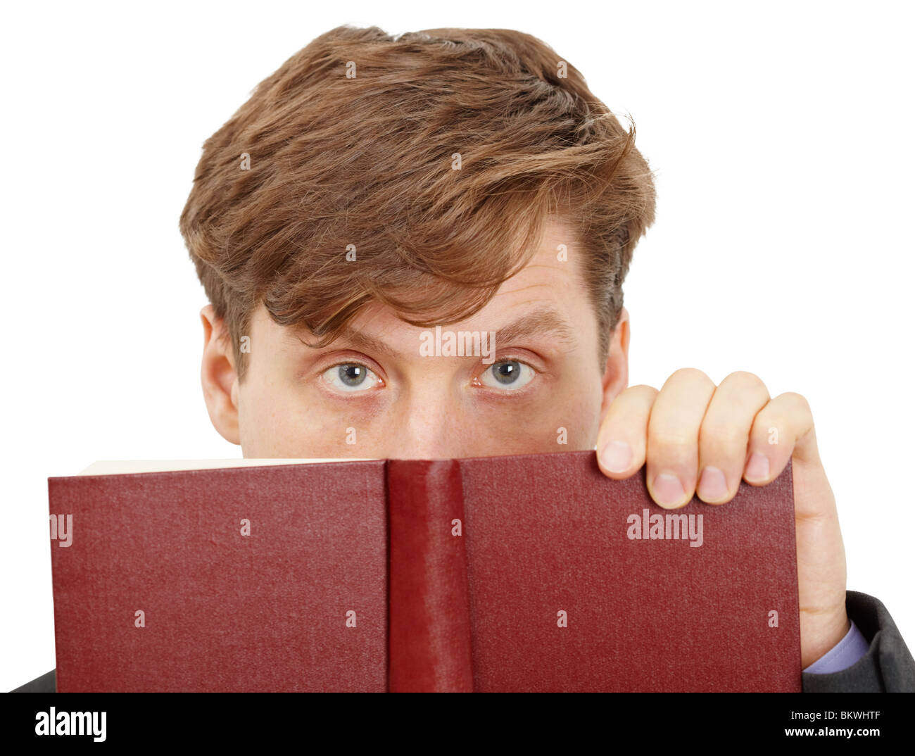 The person looks over the book, isolated on a white background Stock ...
