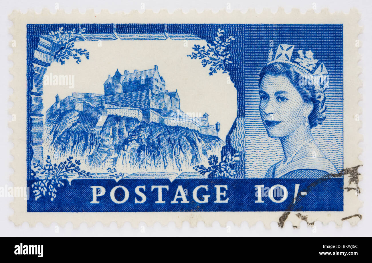 Ten shilling stamp from 1955 depicting Edinburgh Castle and Queen ...