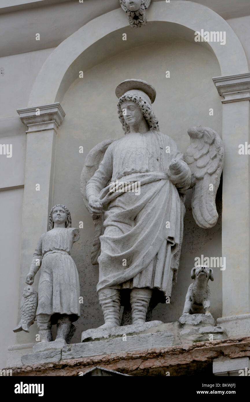 Sculpture of Raffaele and Tobias on the outside of the Chiesa dell ...