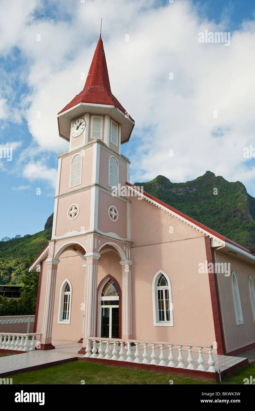 Vaitape Church and the Peak of Mount Pahia in the Background. Bora Bora ...